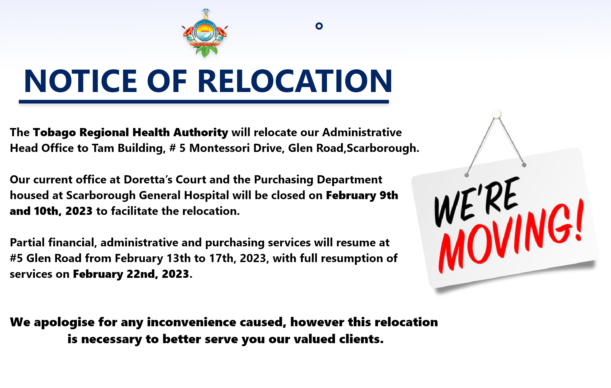 Relocation of the Corporate Head Office - Tobago Regional Health Authority