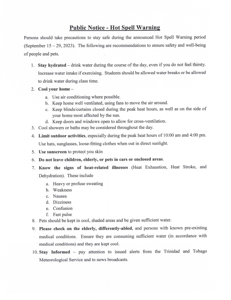 Public Notice - Hot Spell Warning - Tobago Regional Health Authority