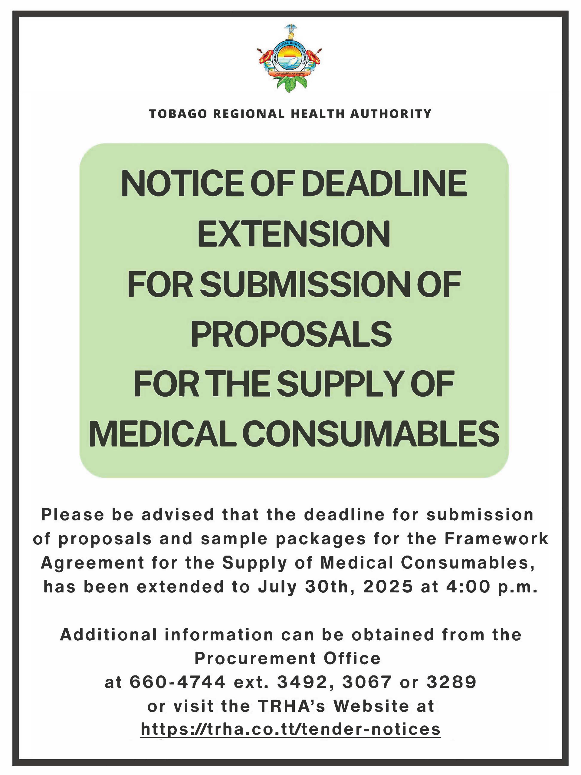 Tender Notice: Extension of Deadline - Tobago Regional Health Authority